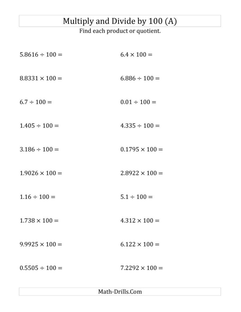 Dividing Decimals By 10 100 Worksheet Decimalworksheets