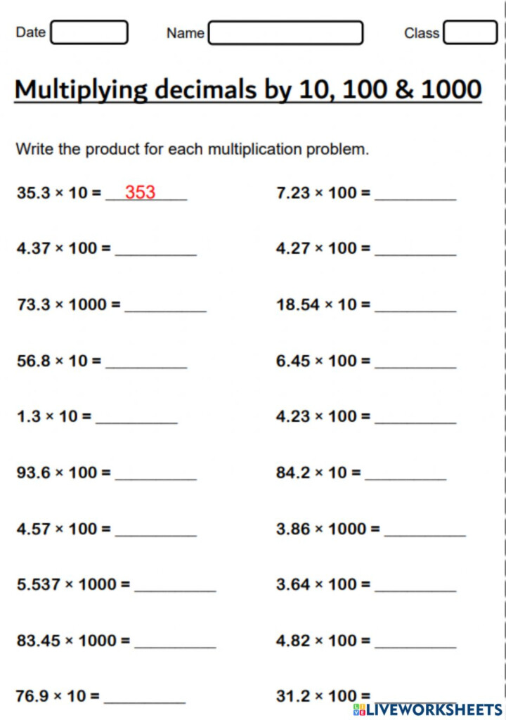 Multiplying And Dividing Decimals By 10 100 And 1000 Worksheet